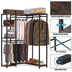 Tribesigns L-Shaped Clothes Rack for Corner, Heavy Duty Garment Rack with Shelves and Hanging Rods, Freestanding Closet Wardrobe Rack Metal Clothing Rack for Bedroom, Capacity 500lbs