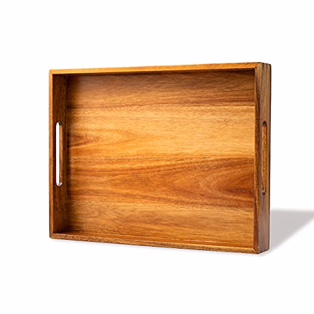 DecoVibe Acacia Wood Serving Tray with Handles - Rustic Wooden Tray for Living Room - Decorative Ottoman Wood Tray - 16" x 12" x 2" Large Food Trays for Ottomans, Coffee Table, Breakfast, Bed, Couch