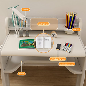 hoopyosms Kids Drawing Table and Chair Set with Erasable Tabletop & Watercolor Pens Toddler Furniture with Storage Shelf for Art, Reading & Play for Boys & Girls, Grey