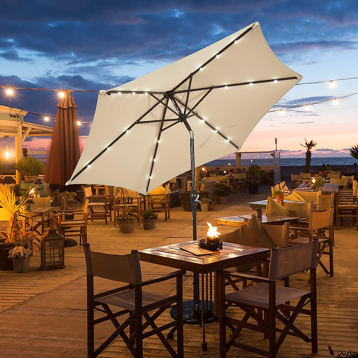 Tangkula 9FT Solar Powered LED Lighted Patio Umbrella, Table Market Umbrella with Tilt and Crank, Outdoor Umbrella with 6 Sturdy Ribs for Garden, Deck, Backyard & Pool (Beige)