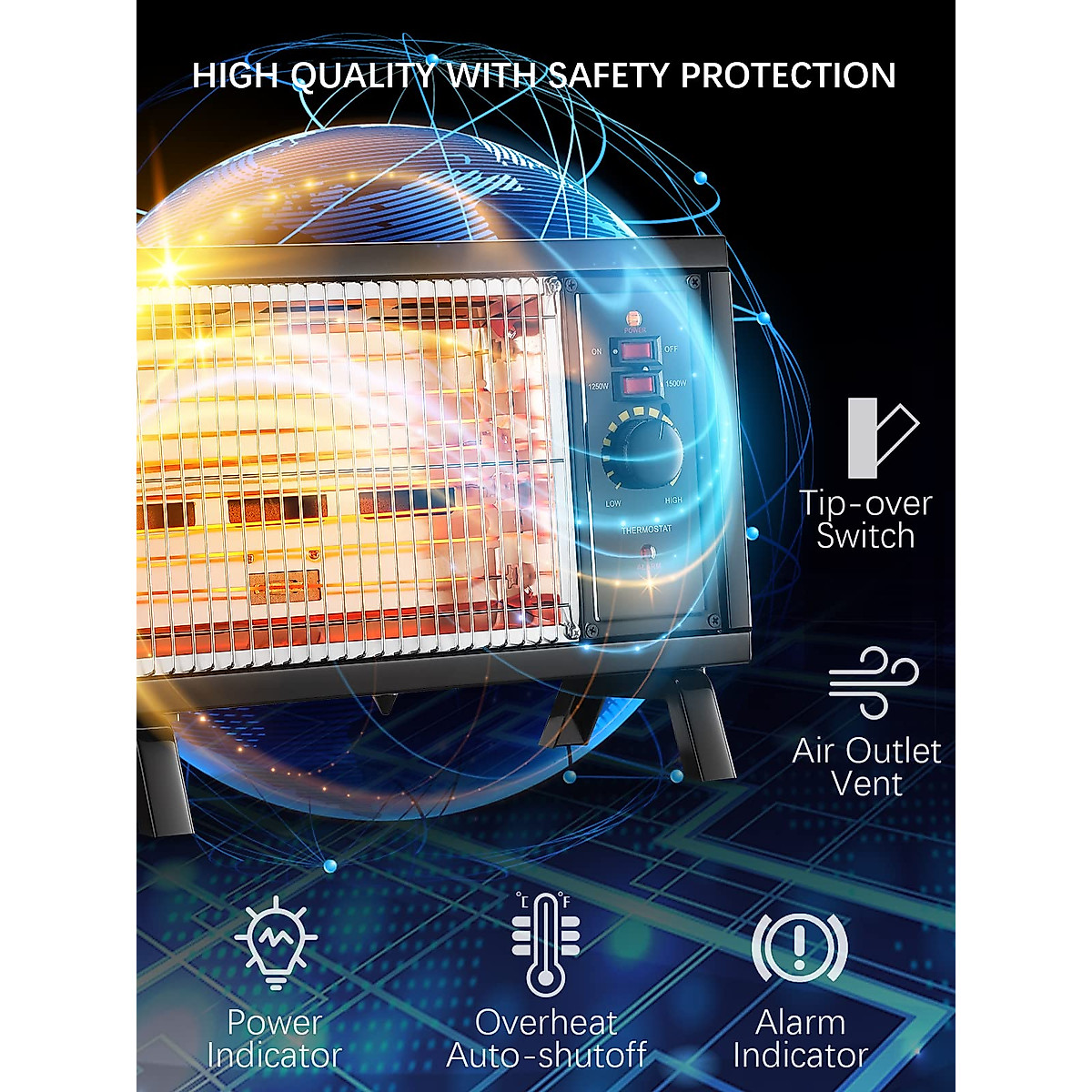 JASUN Portable Space Heater Electric Radiant Heater Fast Heating with Adjustable Thermostat, Portable Indoor Heater with Handle Quiet Energy-Saving 1250W/1500W for Office Home Garage Bedroom Black