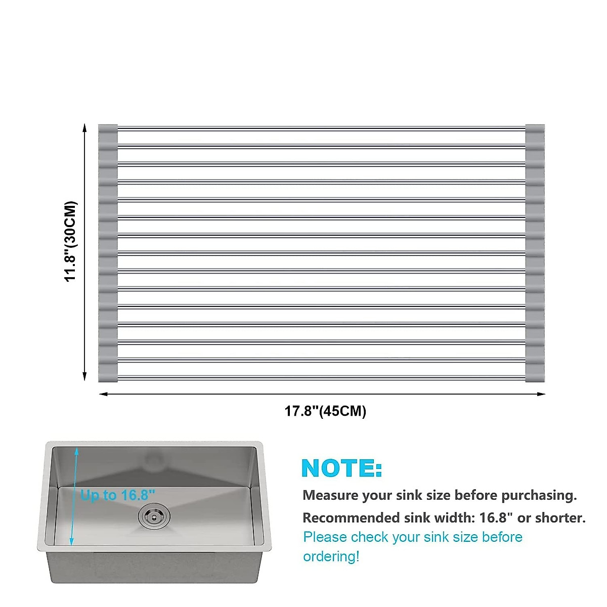 SunCleanse 17.8"×11.8" Roll-Up Dish Drying Rack, Over Sink Dish Drying Rack Drainer, Multi-Use Stainless Steel Foldable Dish Rack for Kitchen Sink Countertop, Grey