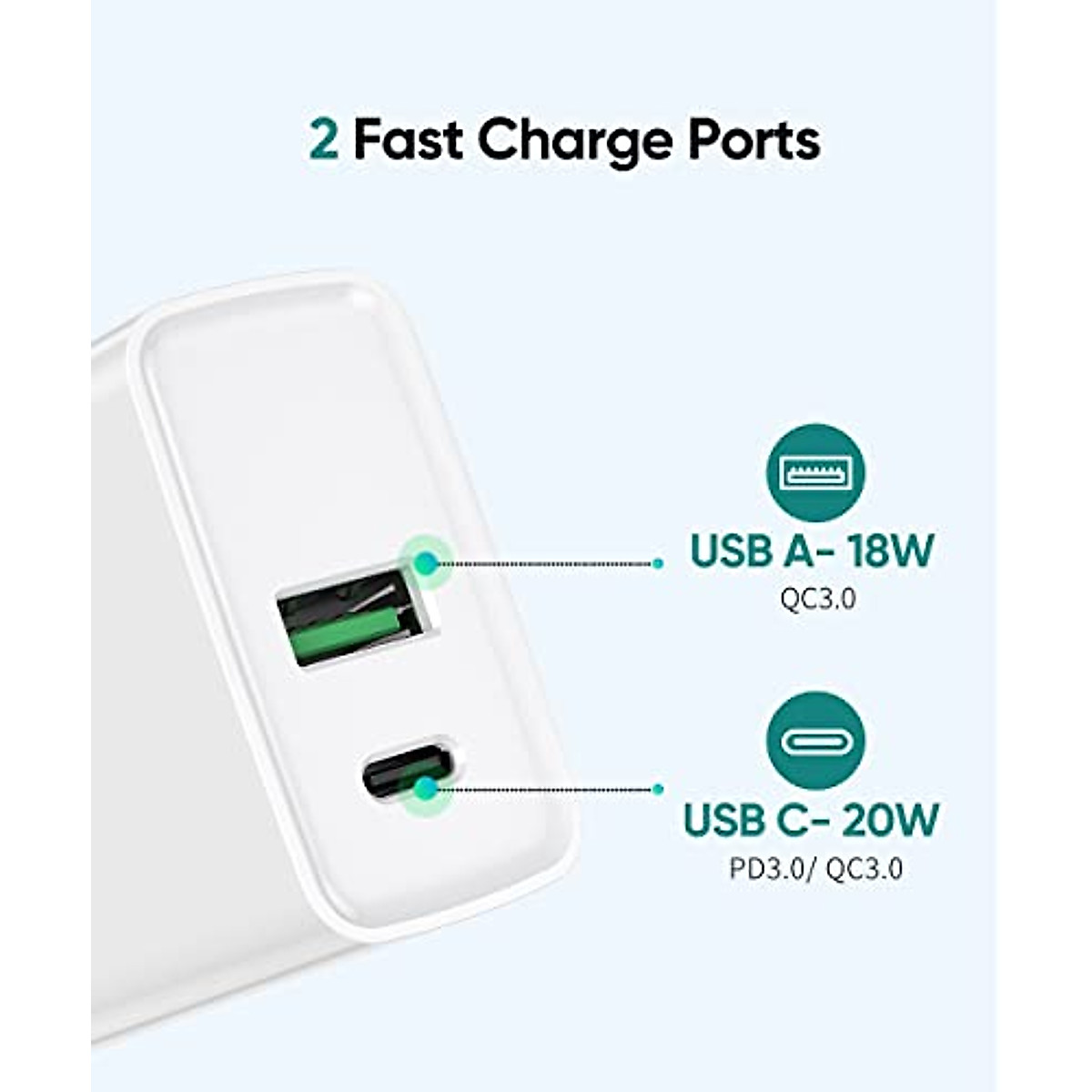 USB C Wall Charger, Dual Port 20W PD & QC 3.0 Fast Charging Block Plug Adapter Type C USB Charger Brick Compatible with iPhone 14/13/ 13 Pro Max/12/11 Pro Max, iPhone Xs/XR/X, Galaxy, Android