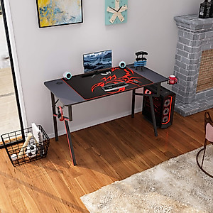 DESIGNA Gaming Desk 47'', K-Shaped Computer Desk, Office Desk Gamer Style with Mouse Pad, Cup Holder, Headphone Hook, Controller Stand, Easy to Assemble, Carbon Fiber Desktop, Black
