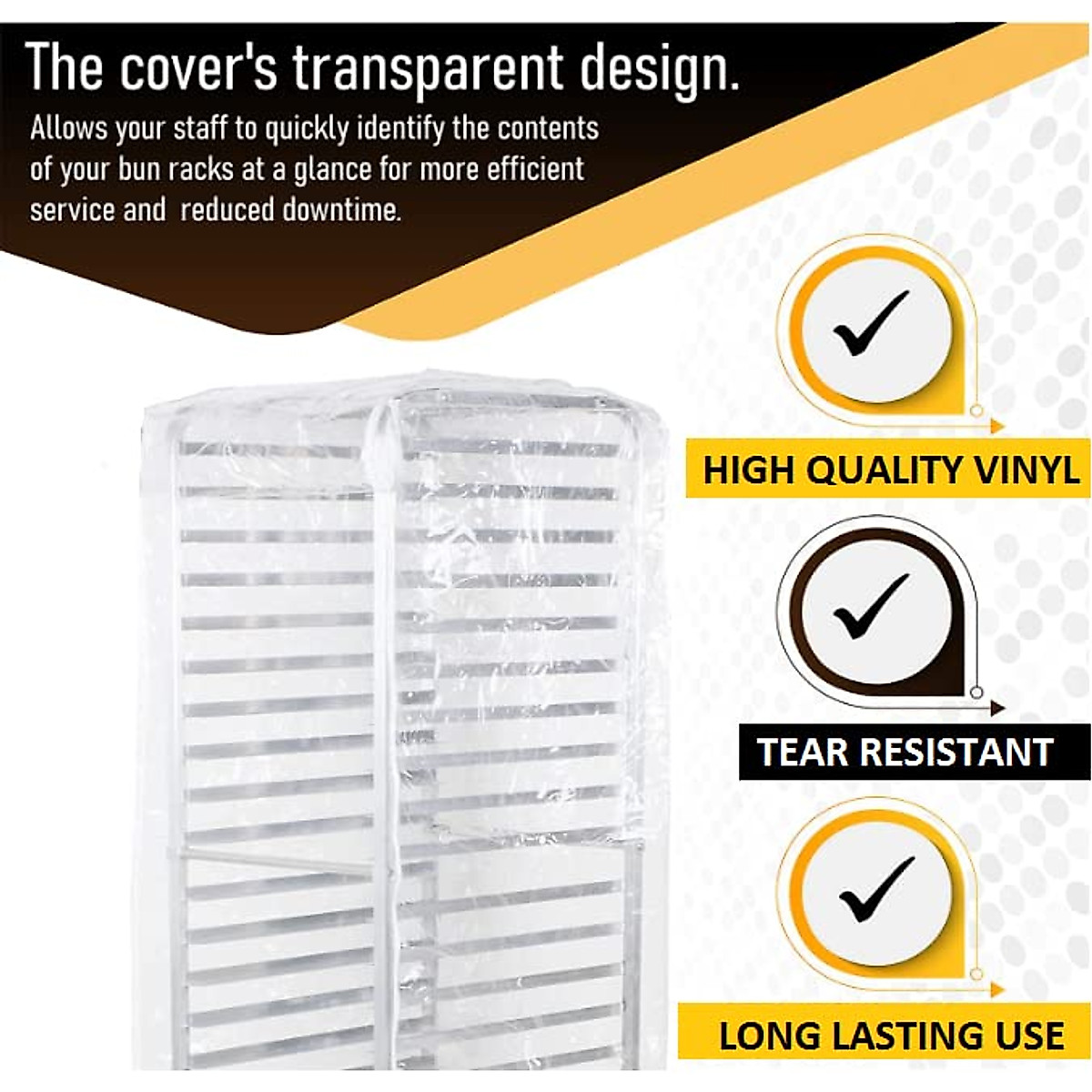 Made in USA. High quality Long-lasting use Vinyl COVER, Bakery Food Pan Sheet Rack Transparent COVER, size: 23"W x 28"L x 61"H, Long-lasting use Durable Clear Vinyl, with 3 Zippers.