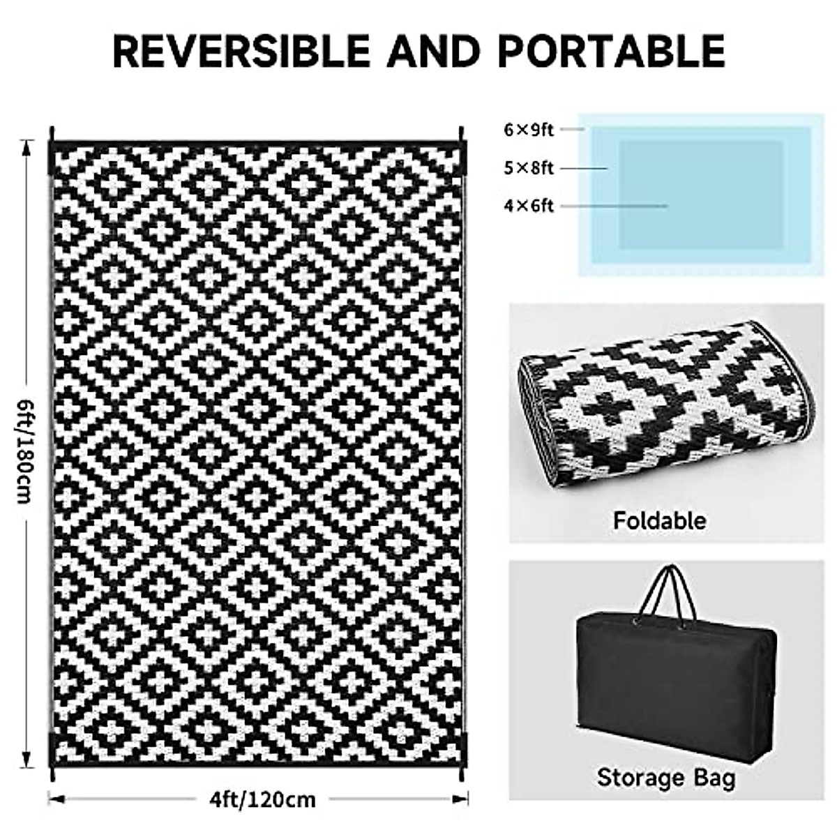 Outdoor Patio Rug Waterproof - 4x6 ft Black Outdoor Carpet, Plastic Straw Area Rug for Patios Clearance, Outdoor Rugs for Camping, Porch, Deck, Rv, Camper, Balcony, Backyard