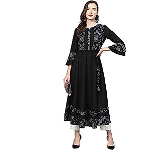 Yash Gallery Women's Cotton Slub Bandhej Print Anarkali Kurtis (Black)
