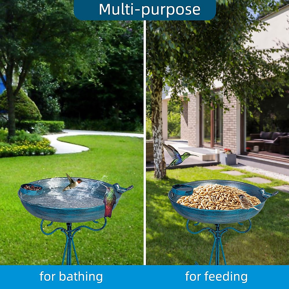 DREAMSOUL 12 inch Bird Bath with Stand, Blue Bird Baths for Outdoors, Metal Birdbath with Folding Bracket for Patio Lawn Garden Decor