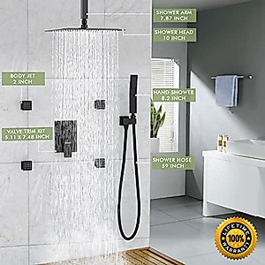Bostingner Black Shower System with Body Spray Jets 10 Inch Rainfall Shower Ceiling Mounted Full Body Shower System Contain Rough-in Shower Valve, Matte Black