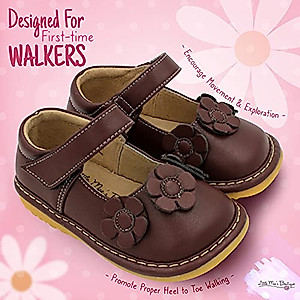 Little Mae's Boutique Mary Jane Brown Three Flower Squeaky Shoes for Toddler Girls, Ideal Toddler Walking Shoes with Removable Squeaker and Adjustable Strap - Flexible Sole Baby Shoes (4)