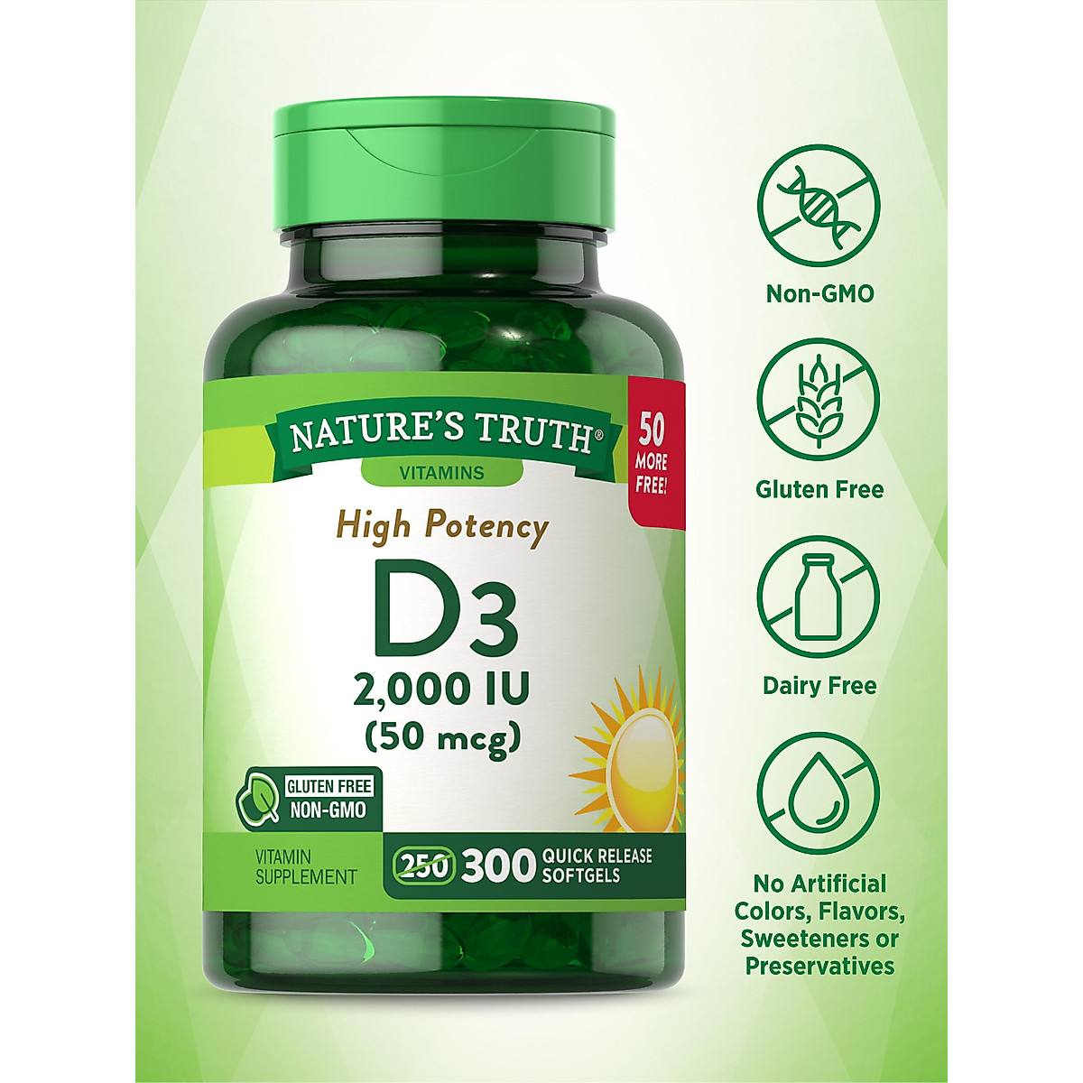 Vitamin D3 2000 IU | 300 Softgels | High Potency Formula | Non-GMO and Gluten Free Supplement | by Nature's Truth