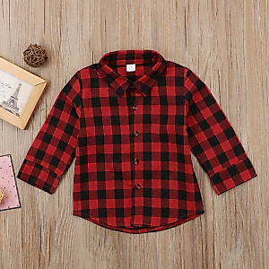 Toddler Baby Boys Girls Flannel Plaid Shirt Long Sleeve Lepel Button Down Back Letters Print Shacket Coat Top (Red Kick It with Mom,1-2 Years)