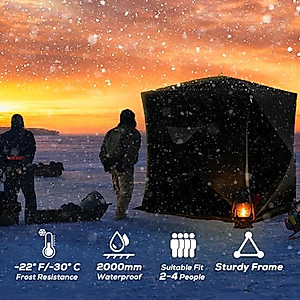 Outsunny 2-4 People Ice Fishing Shelter, Pop-Up Portable Ice Fishing Tent with Carry Bag, Two Doors, Windows and Vents, Ice Shanty for Winter Fishing, Black
