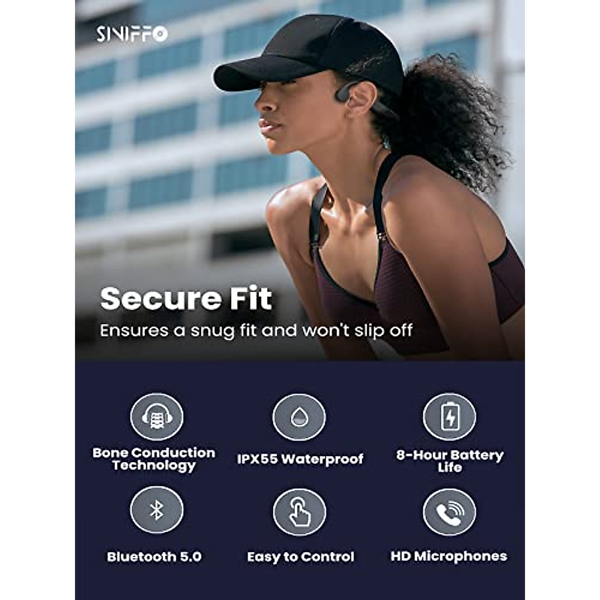 Siniffo Bone Conduction Headphones, 2023 Upgrade Open-Ear Wireless Bluetooth Workout Headphones with Microphones, 8Hr Playtime, Waterproof Earphones for Sports, Running, Gym, Hiking, Cycling