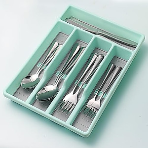 Joequality Silverware Organizer with Icons，Plastic Cutlery silverware Tray for Drawer，Utensil Flatware Tableware Organizer for Kitchen with Non-slip TPR,Fits Standard Drawer,5-Compartment,Light Blue