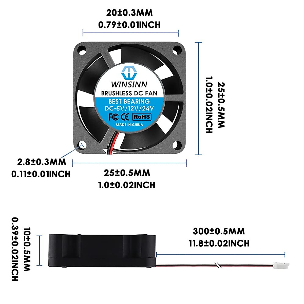 WINSINN DC 25mm Fan 5V 2510 Hydraulic Bearing Brushless Cooling 25mmx10mm 2PIN (Pack of 5Pcs)