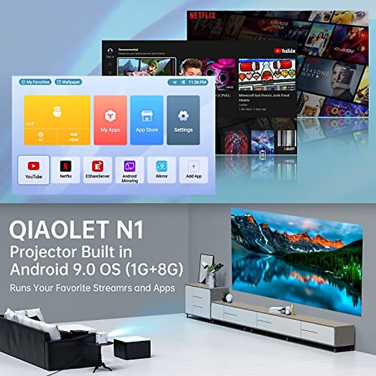 QIAOLET Mini Projector,Portable Projector with WiFi and Bluetooth,Native 1080P FHD,Andriod OS 9.0,Movie Projector for iPhone Android,Home Theater Projector Compatible with USB/HDMI,TV Stick,Computer