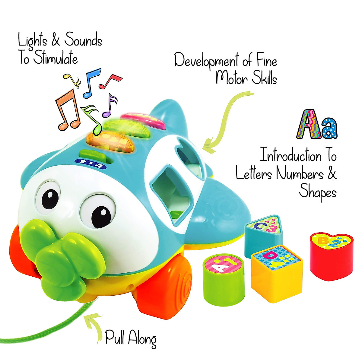 Musical Shape Sorter Plane, Pull-Along Toy - Talking and Singing Airplane Toy with Music for Toddlers and Kids, Ages 12 Months+