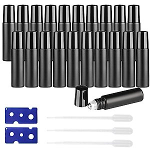 20PCS Roller Bottles 10mL Essential Oil Ultra Thick Matte Black Frosted Glass (2 Openers+3 Pipettes Value Pack), Stainless Steel Roller Balls w/Black Cap