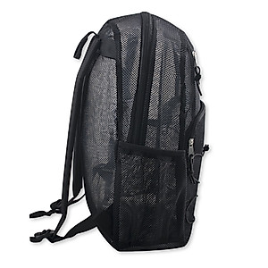 Deluxe Mesh Backpack with Bungee Cord & Adjustable Padded Straps, for Swimming, School, Travel (Black)