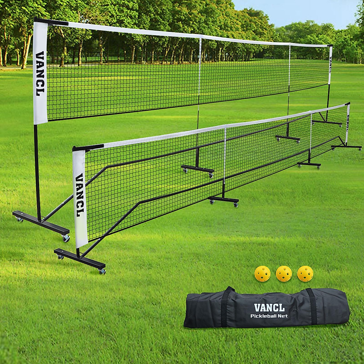 VANCL Badminton Pickleball Net with Wheels Movable, Deluxe Heavy Duty Pickleball Net System 22 Feet Pickleball Net for Driveway, Adjustable Strong Nylon Net Pickleball Net Portable Outdoor