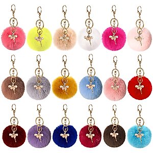 CIEOVO 18 Pieces Pom Poms Keychains Fluffy Pompoms Keyring With Dancing Girl Keychain for Girls Bag Craft