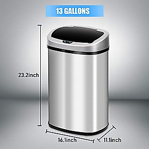Kitchen Trash Can Garbage Can Waste Bin 13 Gallon Trash Can Stainless Steel with Lid Touch Free Automatic Sensor Garbage Bins 50 Liter Large Capacity Garbage Can for Home Bathroom Office Bedroom