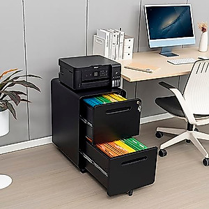 LVSTEEL 2 Drawer Mobile File Cabinet with Lock,Under Desk Metal Filing Cabinet for Home Office fits Legal/Letter,Fully Assembled Except Wheels,Black
