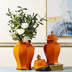 Handmade Orange Hexagon Ginger Jar Vase Ornament, Home & Living Room Decorative Jar, Gold-Plated Ceramic Temple Jar (Size : Small)