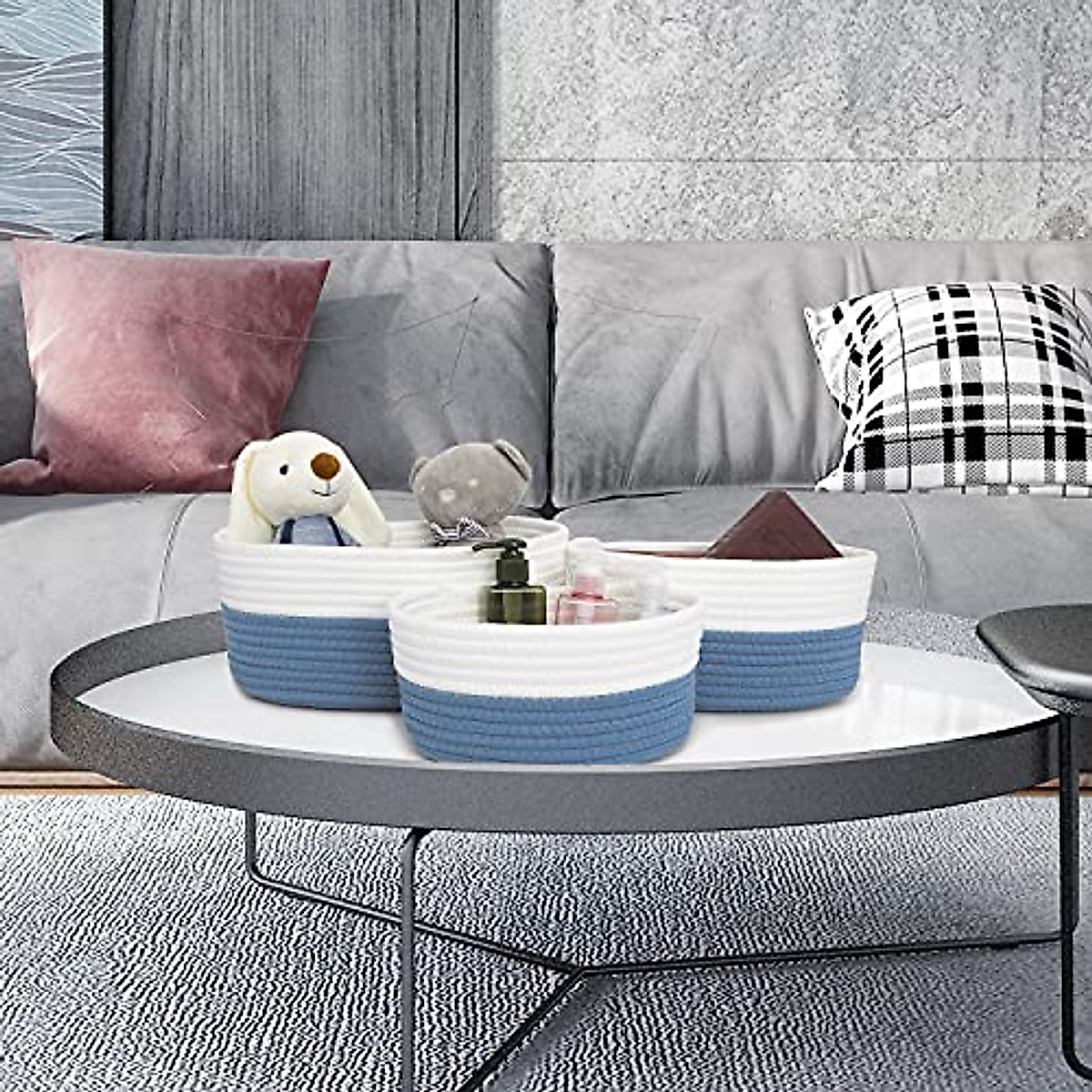 Hombins 3 Set Cotton Rope Storage Baskets with Handles | Round Baskets Set for Organization, Toy Basket, Small Soft Baby Nursery Baskets, Cat Dog Toy Basket, Gift, White&Blue