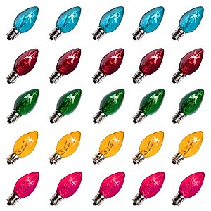 Konictom 25 Pack C7 Multicolor Replacement Light Bulbs, 5W Clear Christmas Light for Outside Backyard Garden Party Decoration, C7/E12 Candelabra Base, Multicolor