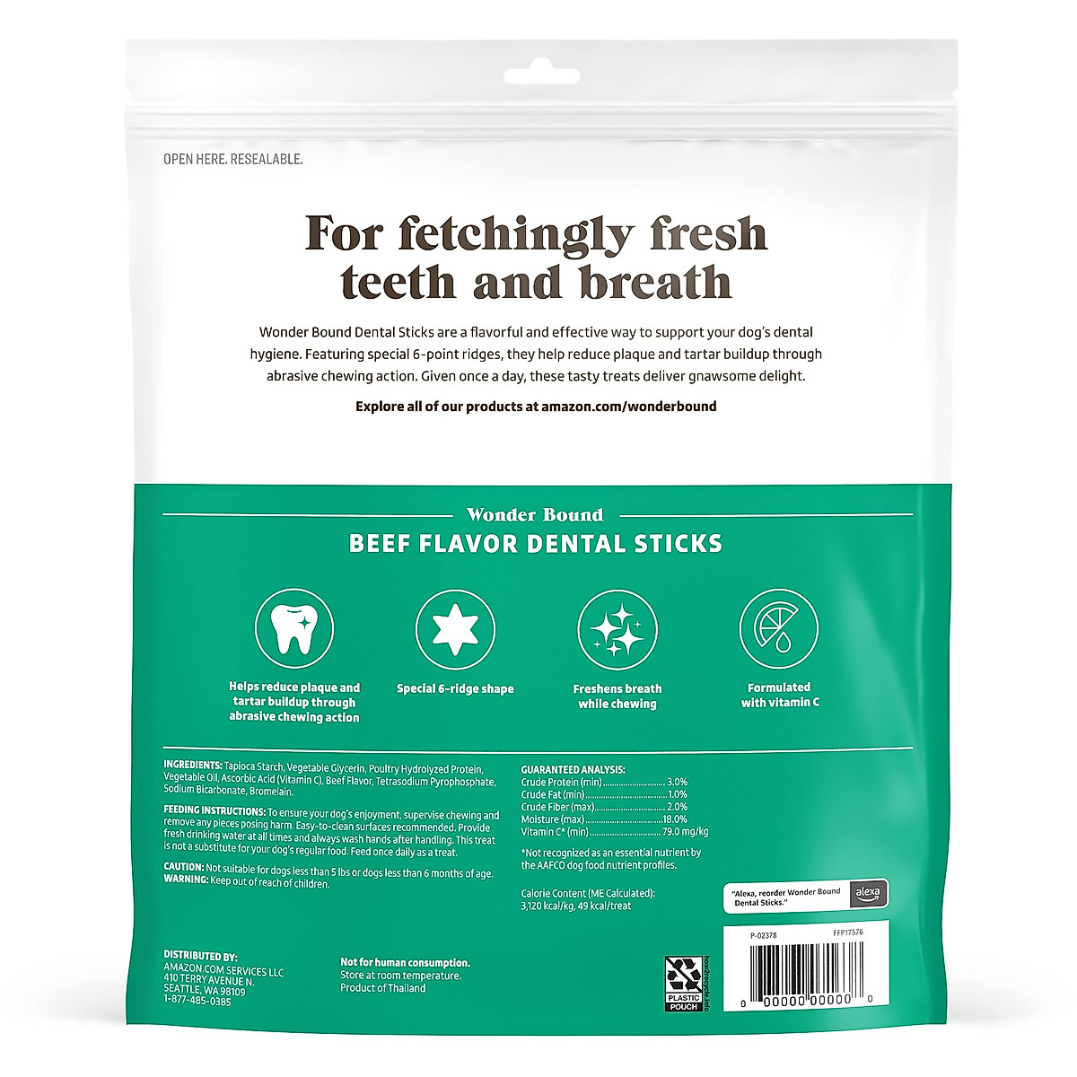 Amazon Brand - Wonder Bound Beef Flavor Dental Sticks for Small/Medium Dogs (15-40 lbs), 6-Ridge Shape for Plaque & Tartar Control, Freshens Breath, Formulated with Vitamin C, 45 Count (Pack of 2)