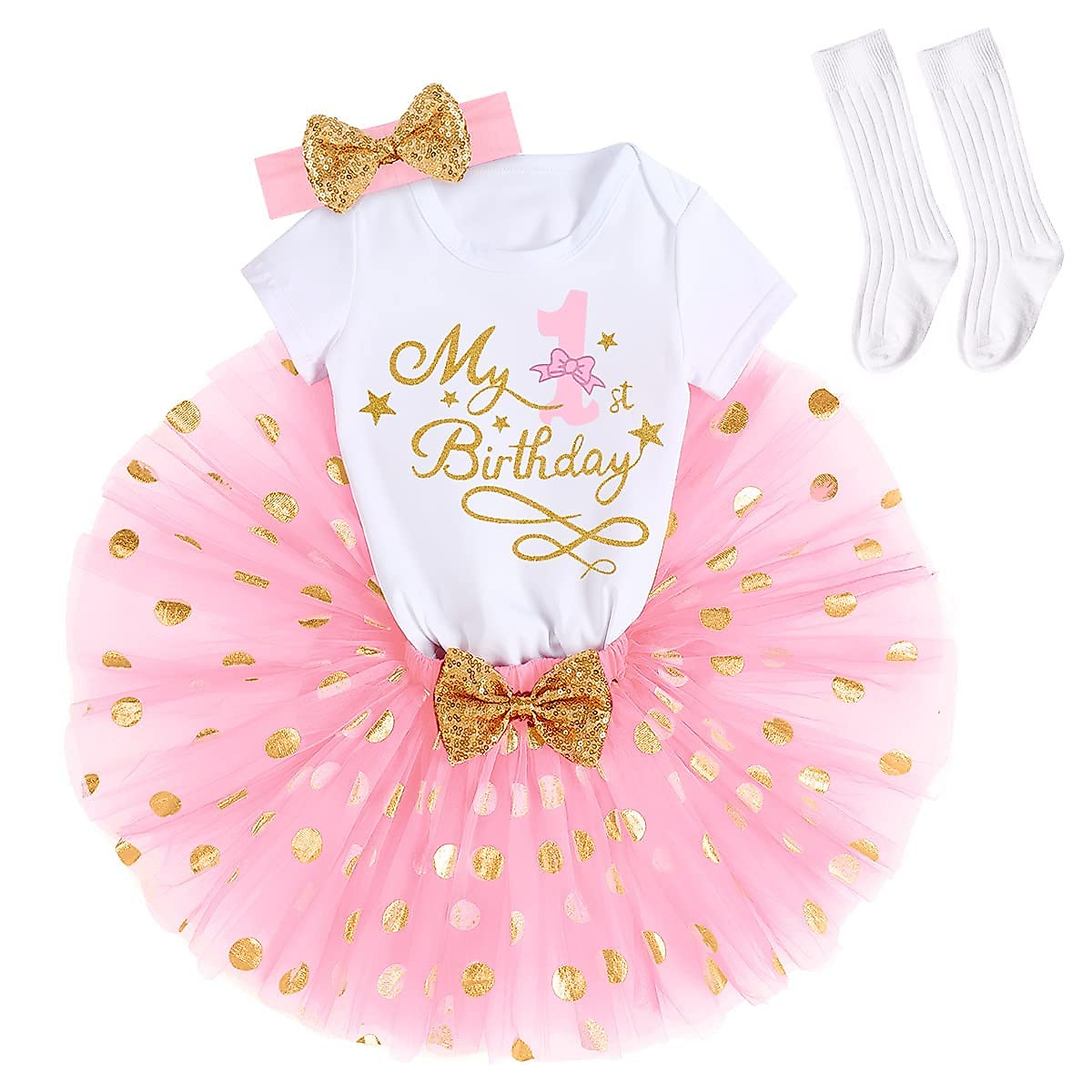 Mini Polka Dots It's My 1/2 /1st /2nd/3rd Birthday 4 Piece Outfits for Cake Smash Romper Bodysuit Tutu Skirt Set Headband Socks Formal Baptism Christening Dance Evening Ball Gown Pink-1st 1T