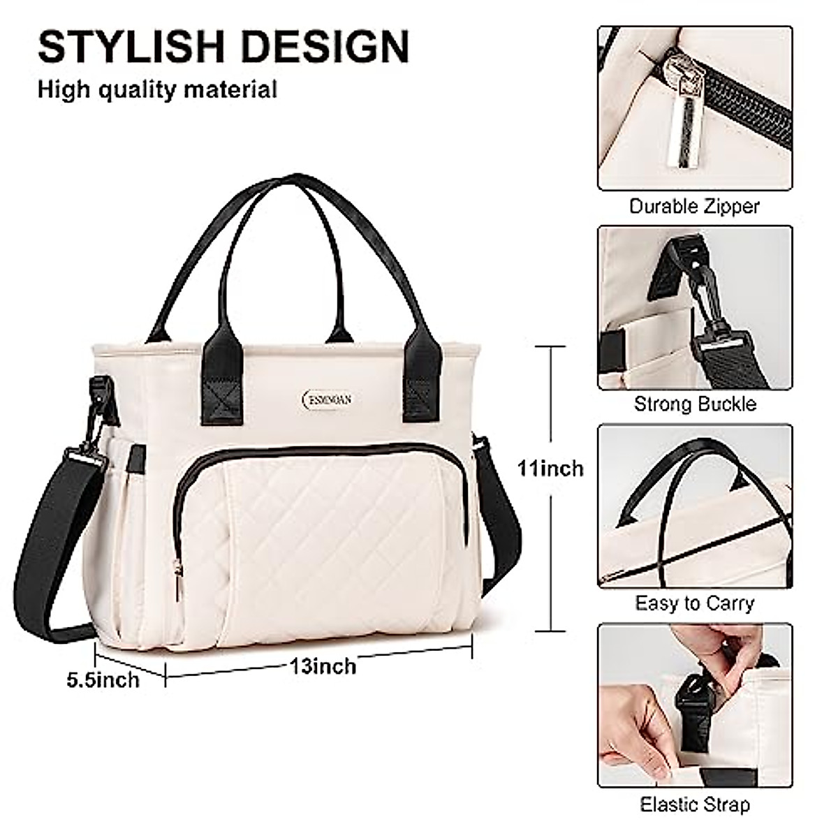 ESMNOAN Lunch Bag Women,13L Large Insulated Lunch Box for Women,Leak Proof Lunch Cooler Bag with Bottle Holder,Womens Lunch Bag,Adult Lunchbox for Work Picnic Beach,Beige