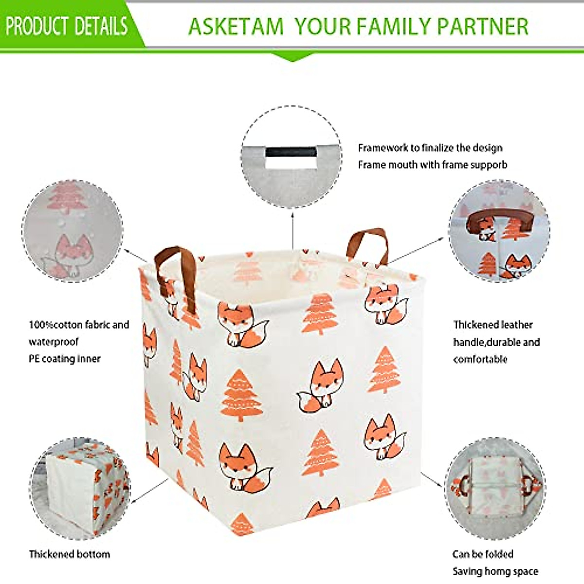 ASKETAM Square Canvas Collapsible Fabric Baby Toy Box Storage Bin Bedroom Decor Closet Kids Laundry Baskets Toy Organizer,Shelf Basket Nursery Storage,Gift Baskets(Fox Little Pine)