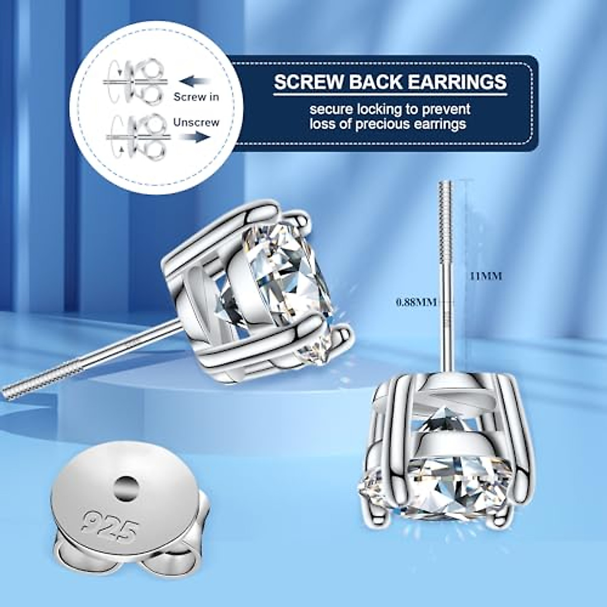 Moissanite Stud Earrings, Brass, Moissanite