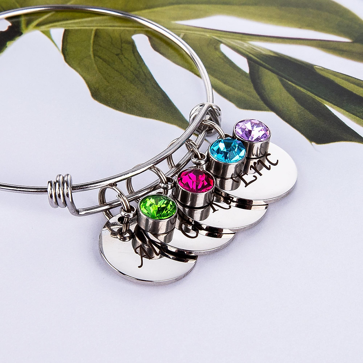 Fanery Sue Personalized Custom Name Expandable Wire Bangle Charm Bracelet with Birthstone for Mother