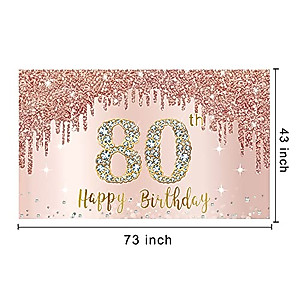 Happy 80th Birthday Banner Backdrop Decorations for Women, Rose Gold 80 Birthday Party Sign Supplies, Pink 80 Year Old Birthday Poster Background Photo Booth Props Decor