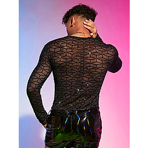 COZYEASE Men's Geo Print Rhinestone Tee Top Long Sleeve Slim Fit Flocking T Shirt Black L