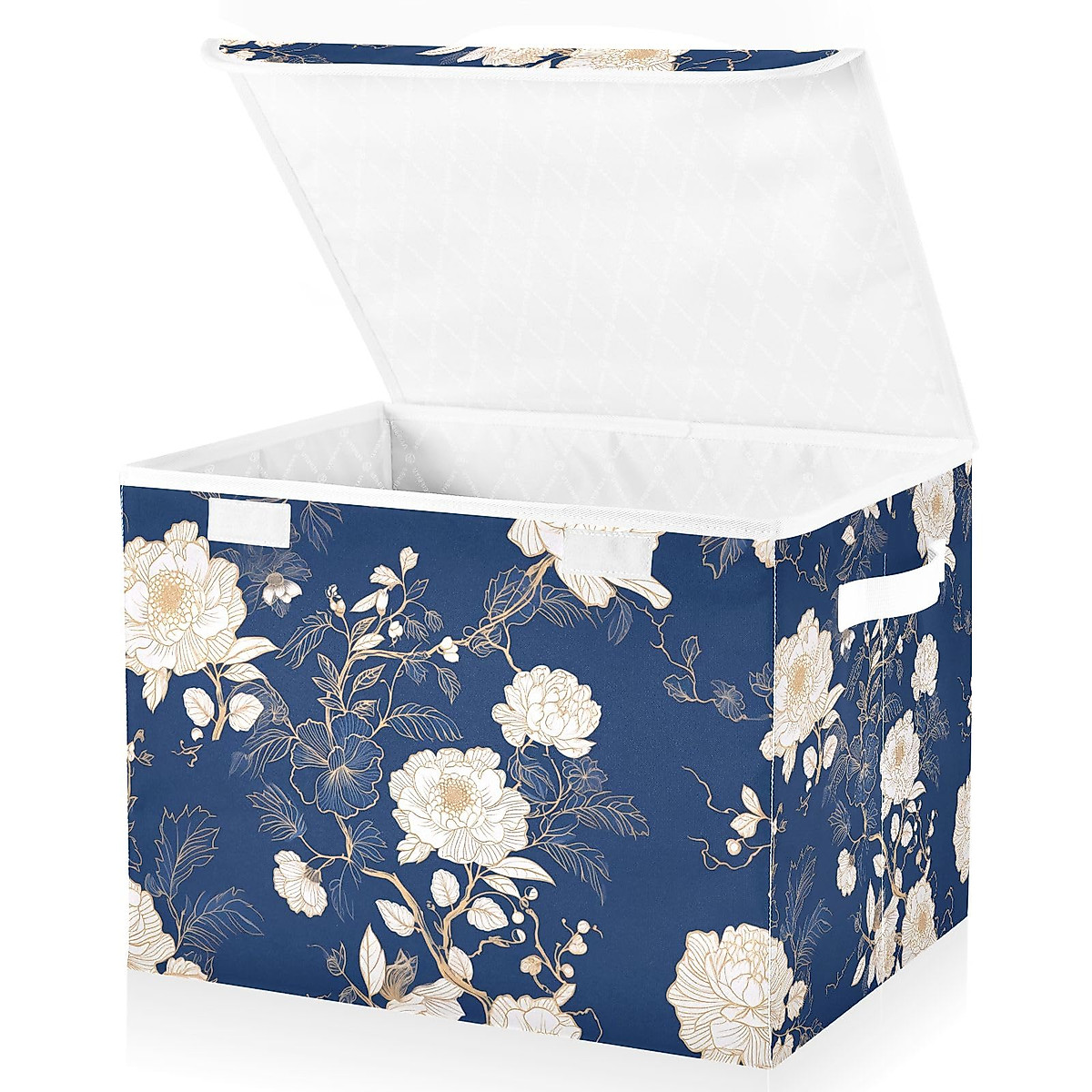 ALAZA Storage Bins Organizer Box Baskets Lidded Clothes for Shelves Closet Peony Navy Collapsible Stackable Storage Cubes Handles