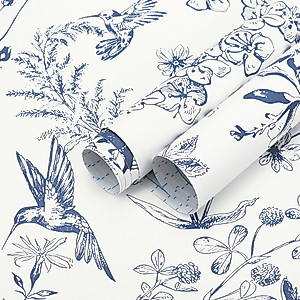 Safiyya Peel and Stick Wallpaper Floral Birds Contact Paper Blue and White Wallpaper Peel and Stick Modern Wallpaper Boho Wallpaper Removable Self Adhesive Wallpaper Vinyl Rolls 118"x17.3"