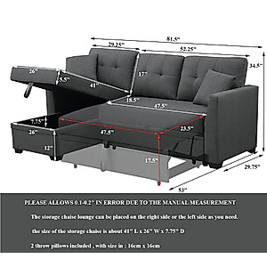 Sleeper Sectional Sofa Pull Out Couch with Storage Chaise 2 in 1 Sleeper Sofa Couch Convertible Sleeper Bed for Living Room, Apartment,Bedroom,Dark Grey