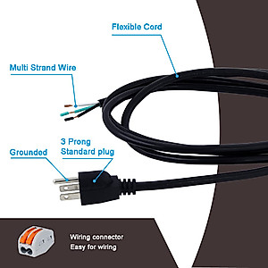 12FT 18AWG Power Cord Pigtail 3 Prong Open Wiring End Heavy Duty SJT Replacement Power Cord Cable NEMA 5-15P Male Plug, Power Cable 10A, 1200W at 120VAC