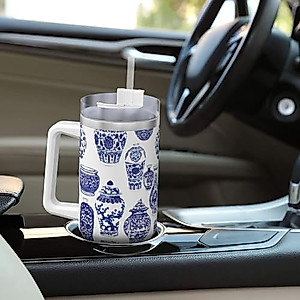 Xiexide 40oz Fits Cup Holder Sports Blue And White Porcelain Chinese Style Chinoiserie Antique Double Walled Vacuum Insulatedith Handle And Straw,Hot & Cold Drinks
