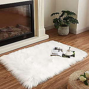Goolela Faux Fur Rug Throw Rugs Small White Rug 2x3 Sheep Skin Rug Fluffy Washable Rug for Bedroom Dorm Bedside Rug Luxury Room Decor, Rectangle
