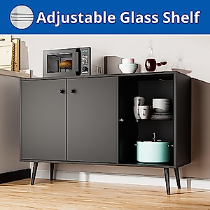 Cozy Castle Mid-Century Storage Cabinet, 44" Sideboard with Adjustable Glass Shelf, Kitchen Buffet Sideboard with Doors, Accent Coffee Bar Cabinet, Wine Bar for Kitchen, Dining Room, Black