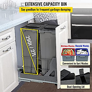 VEVOR Pull-Out Trash Can, 29Qt Double Bins, Under Mount Waste Container with Soft-Close Slides, 66 lbs Load Capacity & Door-Mounted Brackets, Garbage Recycling Bin with Lids for Kitchen Cabinet, Grey