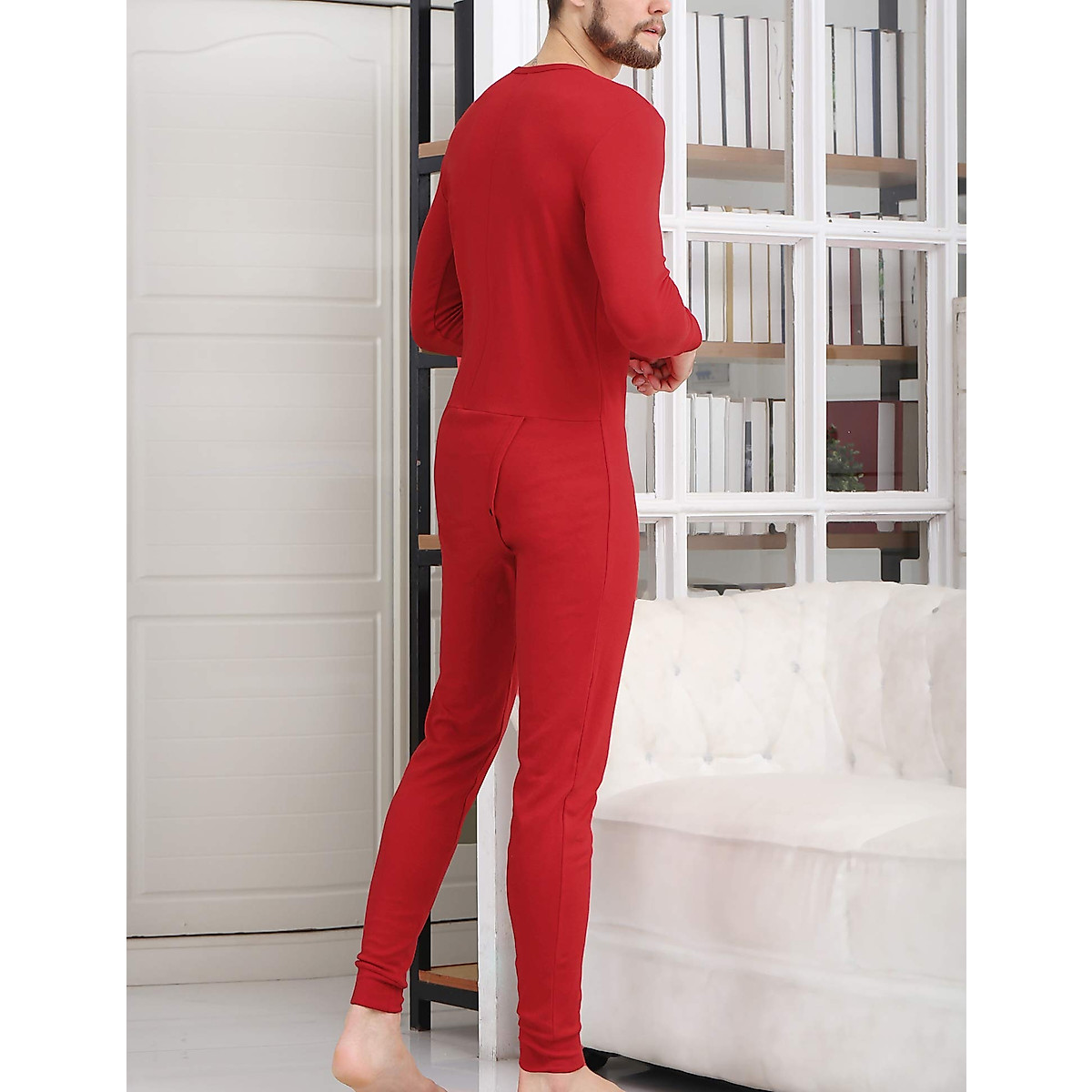 COLORFULLEAF Men's Cotton Thermal Underwear Union Suits Henley Onesies Base Layer (Red, XL)