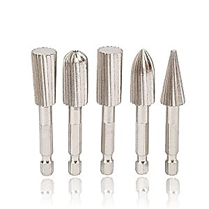 Wisoqu 5Pcs Rotary File Cutting Burrs,14in Hex Shank Double Cut Metal Grinder Drill Bit Set High Speed Steel Rotary File Set,for Carving Polishing