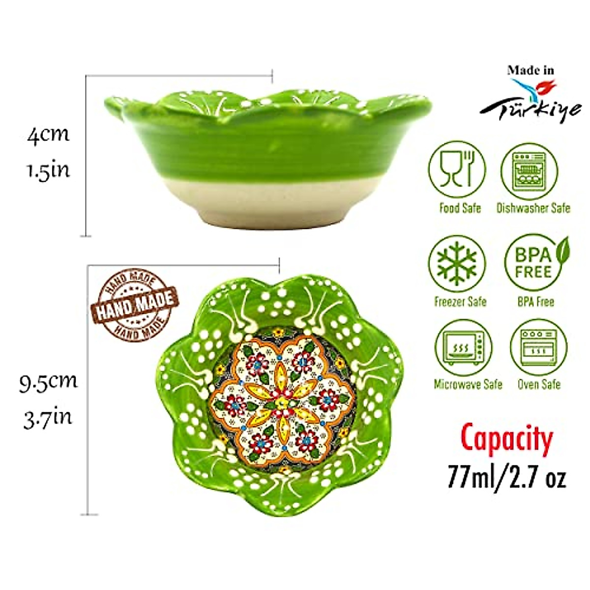 HeraCraft 6pcs Daisy Shaped Evil Eye Hand-Painted Ceramic Snack Bowls 3.74''/9.5cm-77ml/2.7 oz Decorative Nazar Design Multi-Purpose Cute Set - Pinch Sauce Dipping Finger Small Serving Bowls